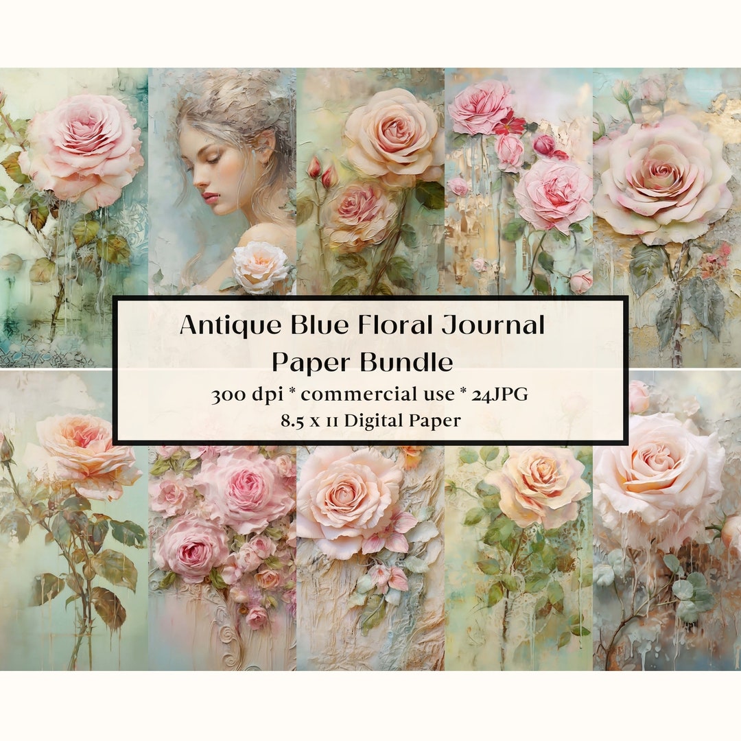 24 Antique Blue Flower Romance Journal Paper, Shabby Chic Style ...