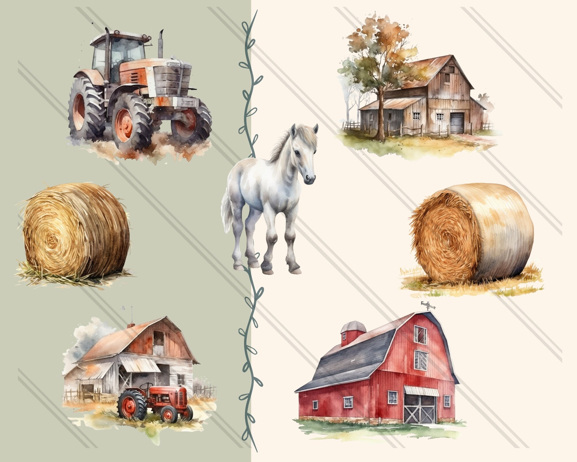 52 Watercolor Farm Animal Clipart - Cute Chickens, Chicks, Horses, Cows ...