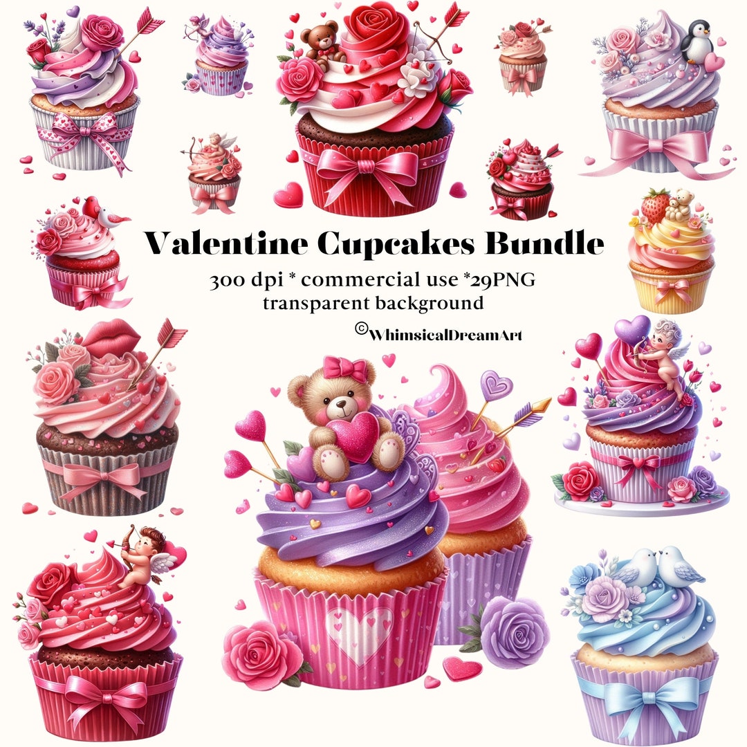 29 Valentine Cupcakes Clipart Bundle, Watercolor Cute Dessert, Junk ...
