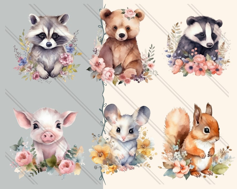 25 Watercolor Spring Flower Baby Animals Clipart - Animals With Floral ...