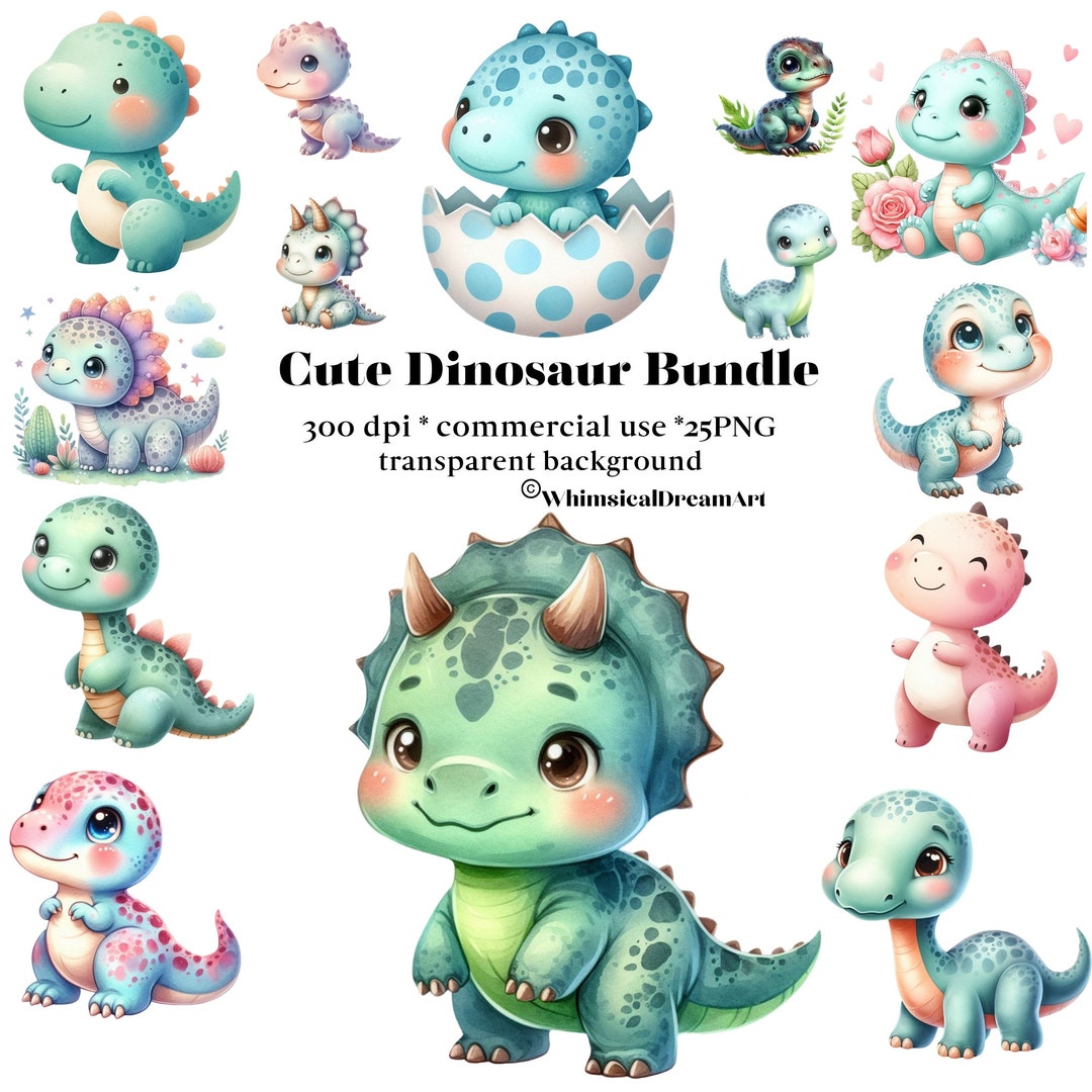 25 Watercolor Dinosaurs Clipart, Dino Theme Baby Party Printables, Cute ...