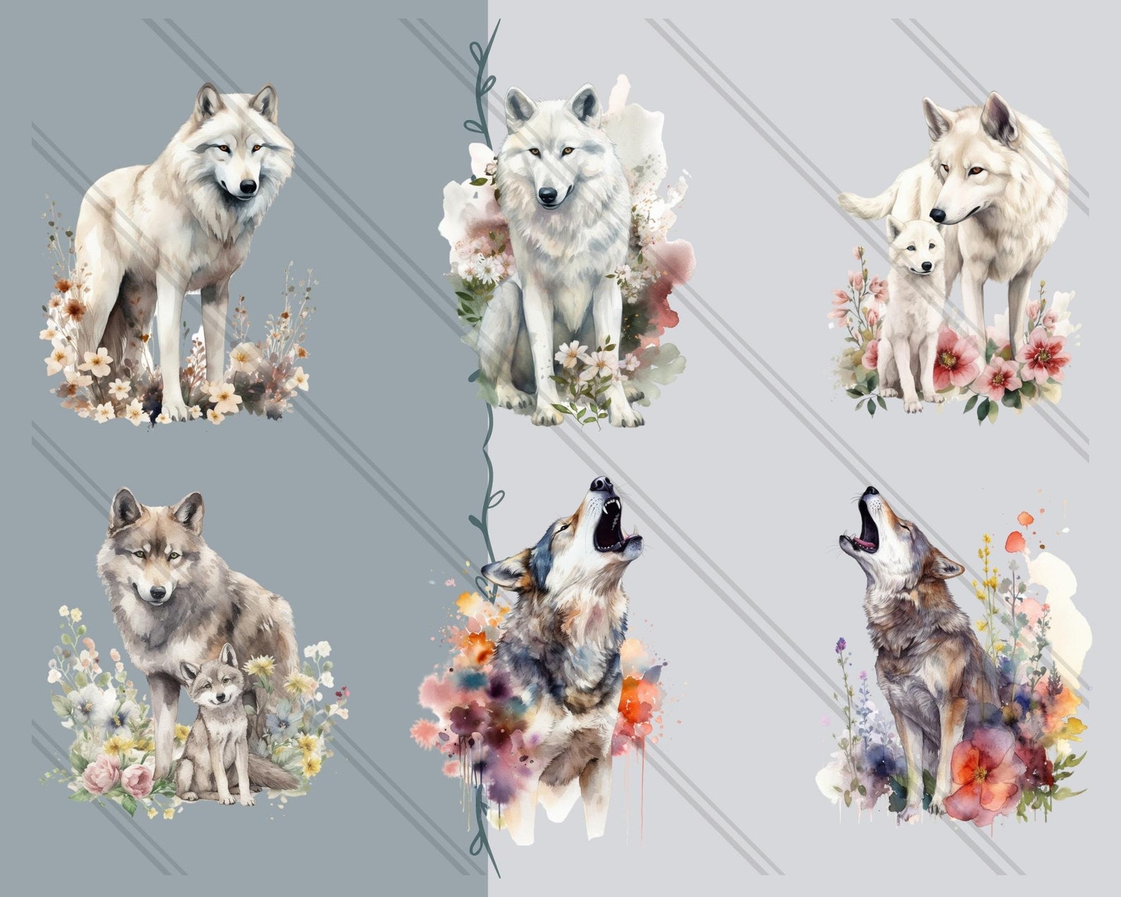 25 Wolf and Flower PNG Collection , Watercolor Wolves Pack, Wolf ...