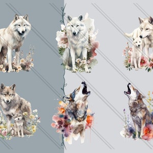 25 Wolf and Flower PNG Collection , Watercolor Wolves Pack, Wolf ...