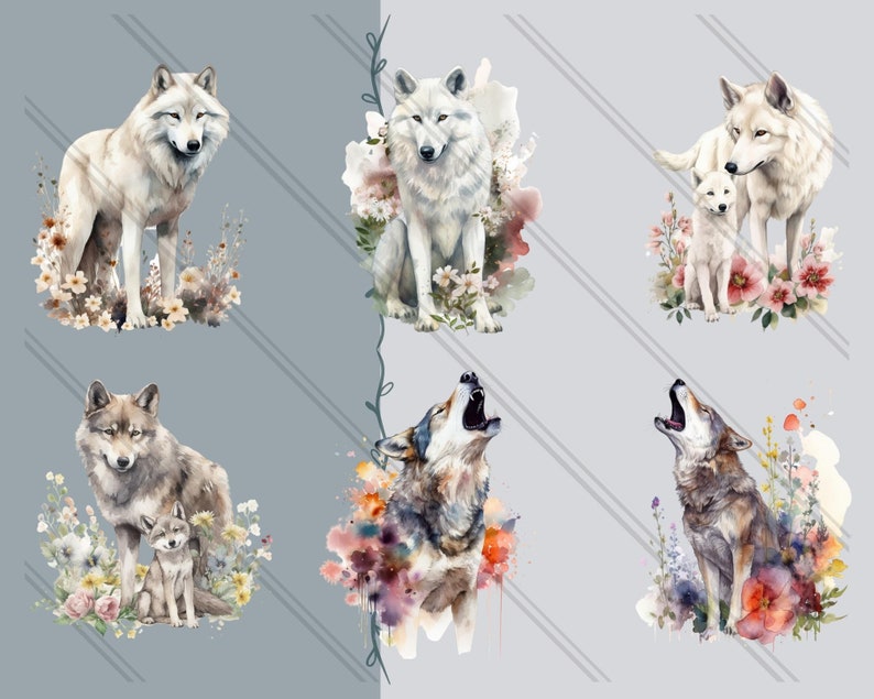 25 Wolf and Flower PNG Collection , Watercolor Wolves Pack, Wolf ...