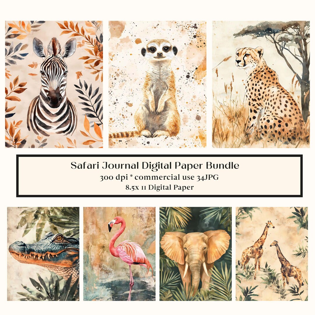 34 Safari Animal Digital Paper, Watercolor Forest Printable Pages ...