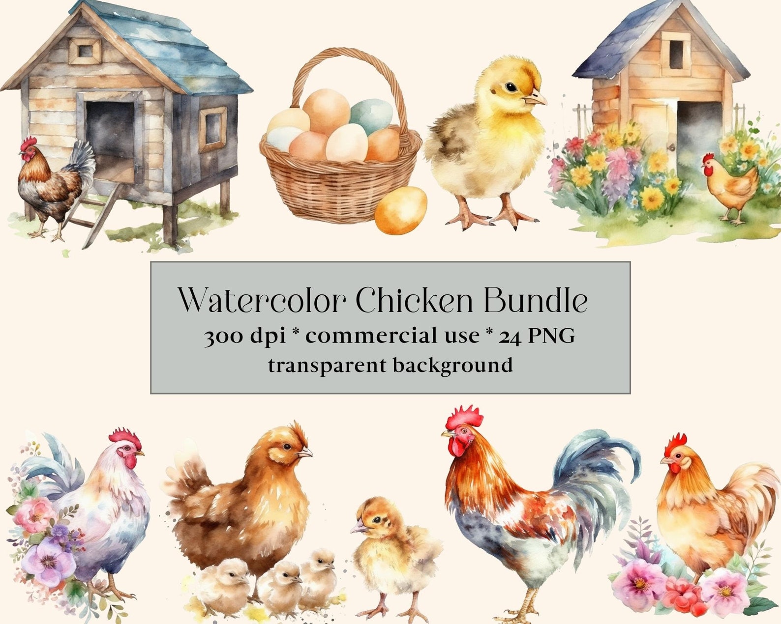 24 Watercolor Chicken Clipart Bundle Cute Flower Chicken and - Etsy