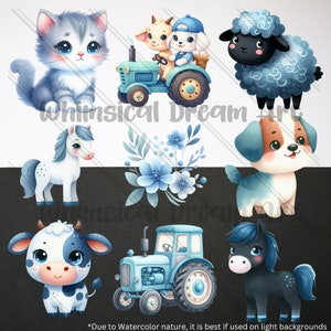 42 Watercolor Blue Farm Animal Clipart - Cute Chickens, Chicks, Horses ...