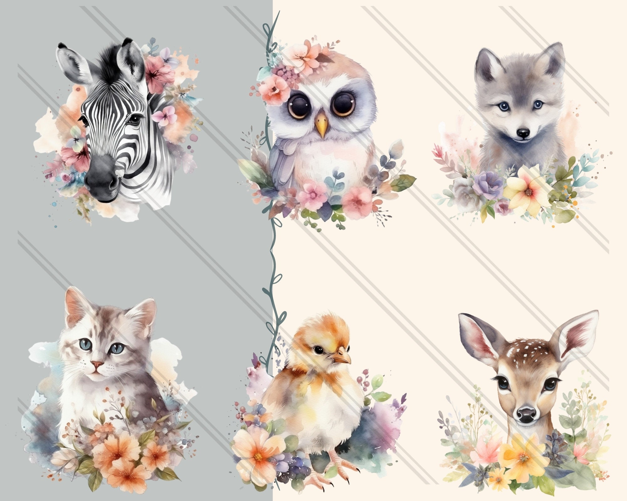 25 Watercolor Spring Flower Baby Animals Clipart - Animals With Floral ...