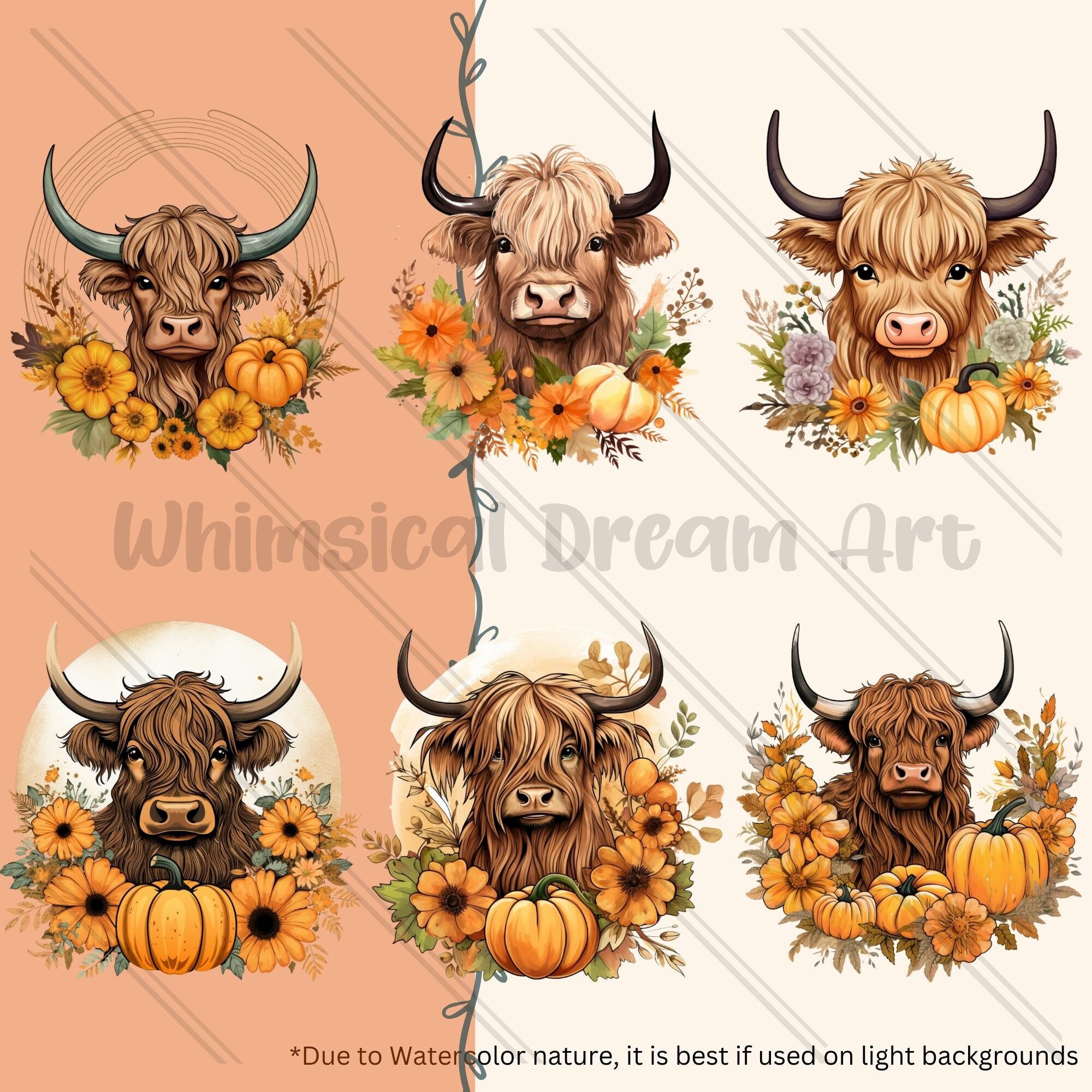 24 Watercolour Fall Highland Cow Clipart Bundle, Pumpkins, Autumn ...