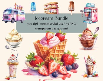 Watercolor Ice Cream Clipart, Cones and Sundaes, Ice Cream Truck ...