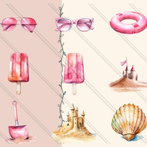 42 Pink Beach Bundle, Ocean Travel, Digital Beach Clipart, Watercolor ...