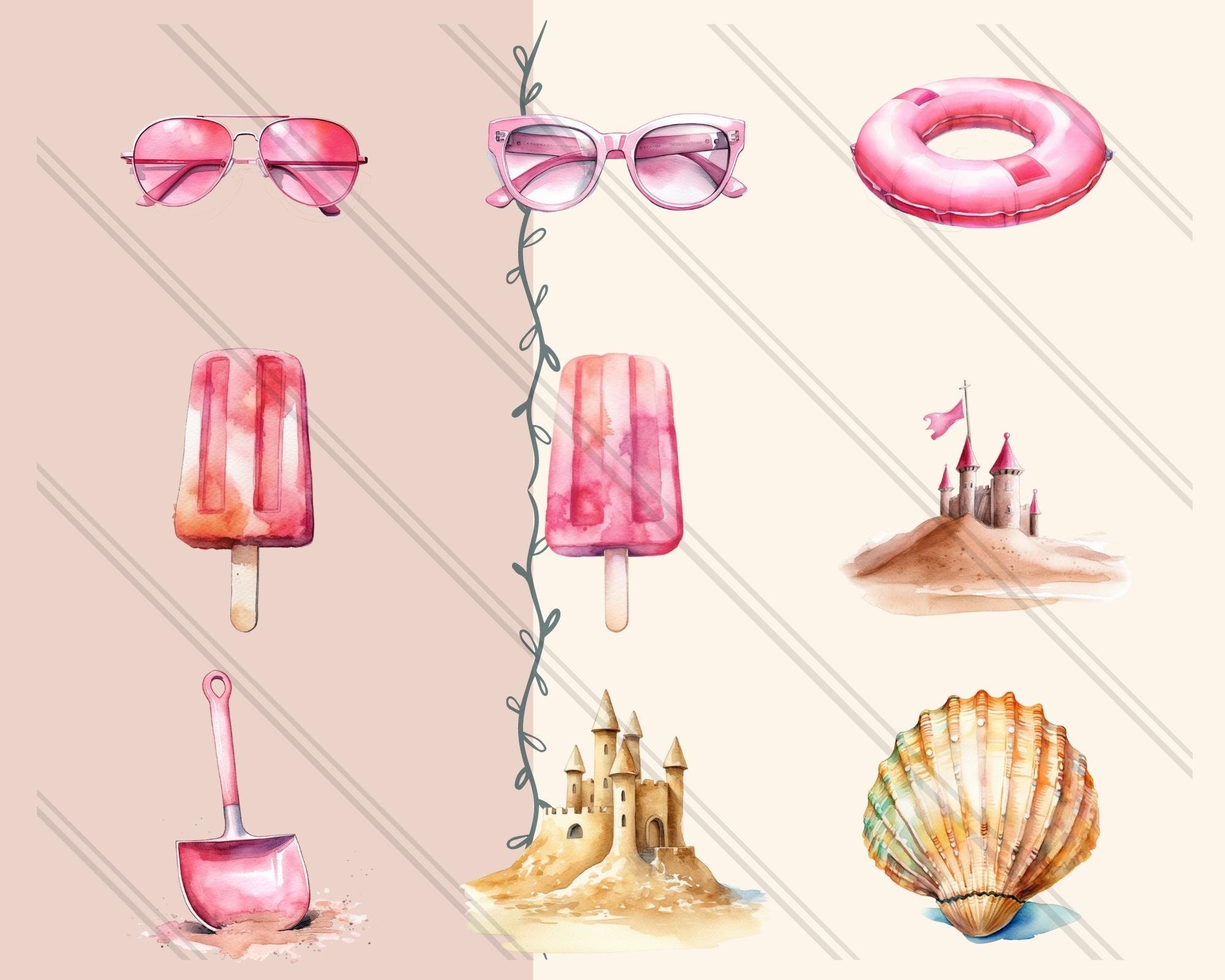 42 Pink Beach Bundle, Ocean Travel, Digital Beach Clipart, Watercolor ...