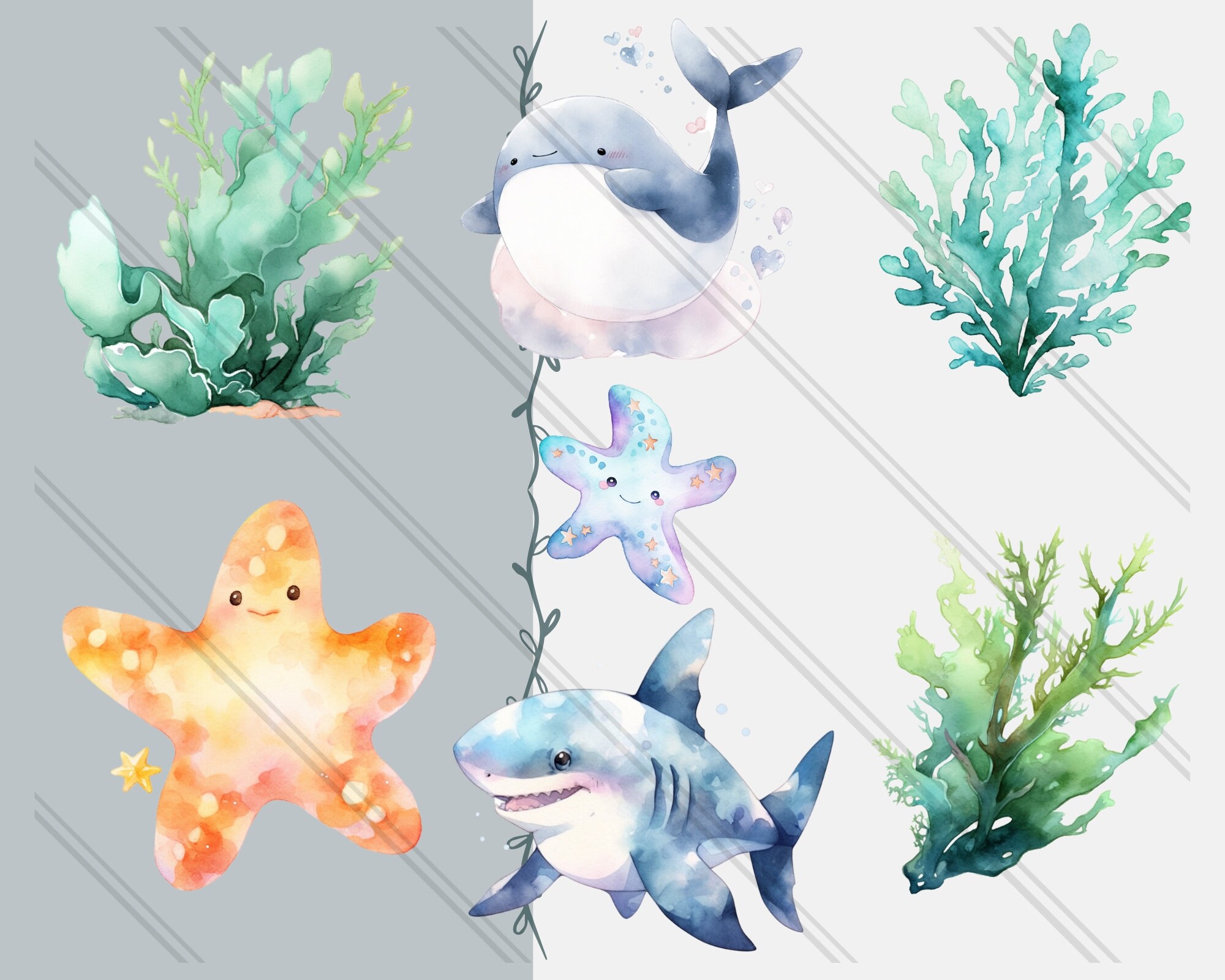 25 Ocean Clipart Watercolor Fish Under the Sea Bundle Whale - Etsy