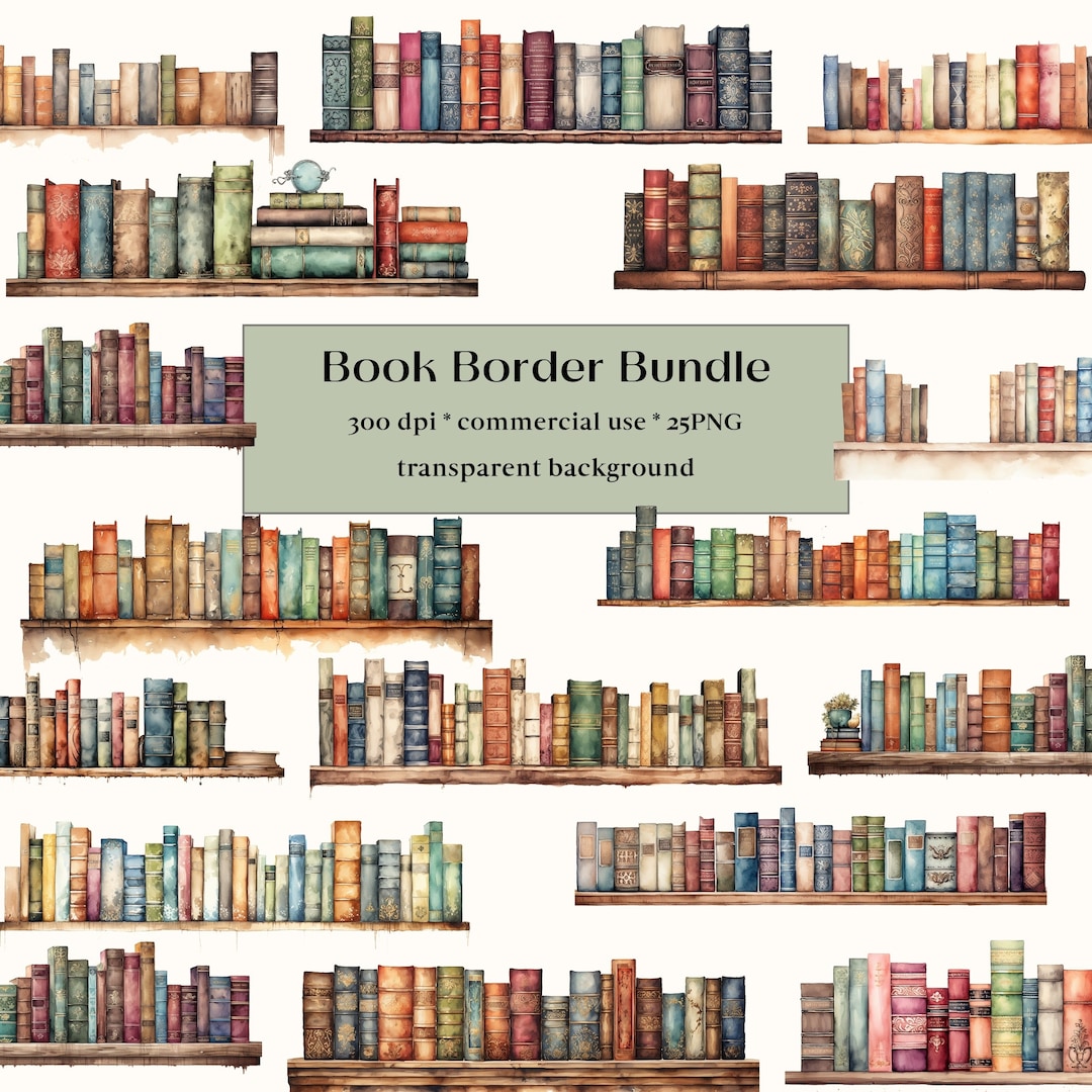 25 Book Clipart Border, Vintage, Watercolour, Clipart Set, PNG ...