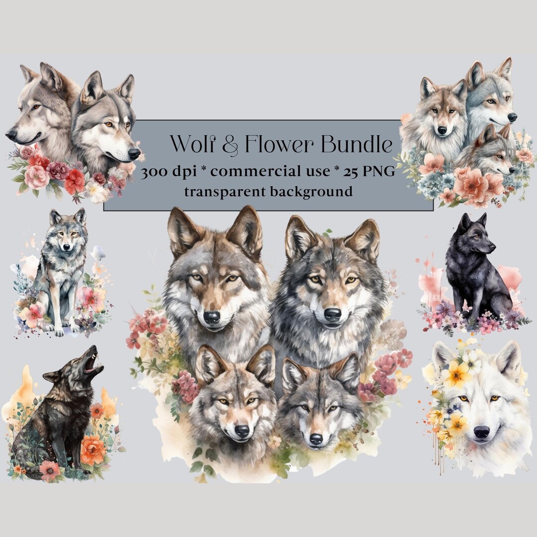 25 Wolf and Flower PNG Collection , Watercolor Wolves Pack, Wolf ...