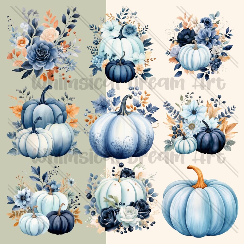 40 Watercolor Blue Fall Clipart, Dry Flowers, Pumpkins Floral Clipart ...