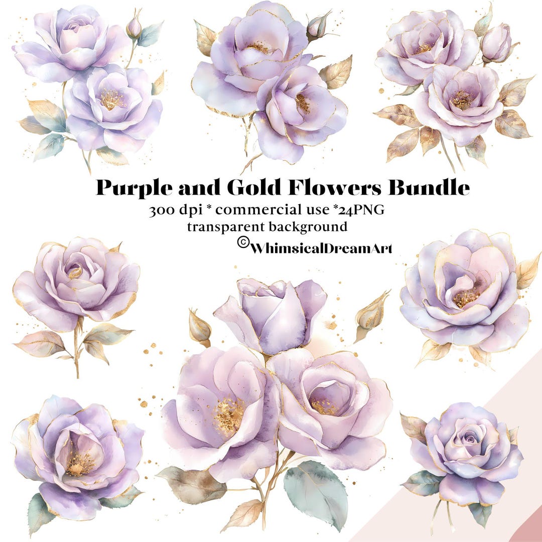 24 Watercolor Purple and Gold Flower Clipart, Abstract Purple ...