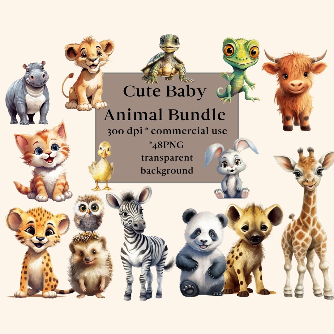 48 Cute Baby Animals Clipart Watercolor Bundle, Jungle Safari PNG ...