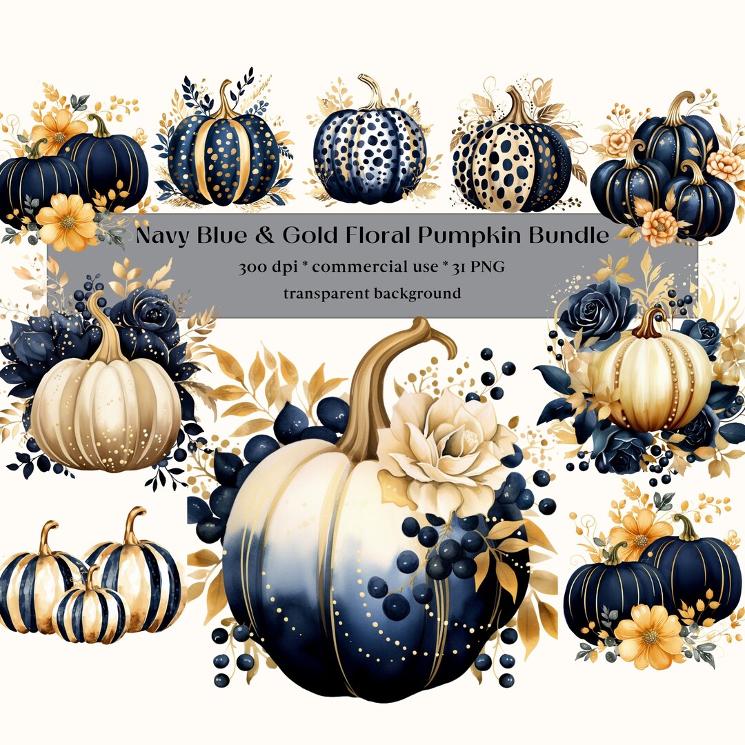 31 Watercolor Navy Blue Fall Clipart, Dry Flowers, Pumpkins Floral ...