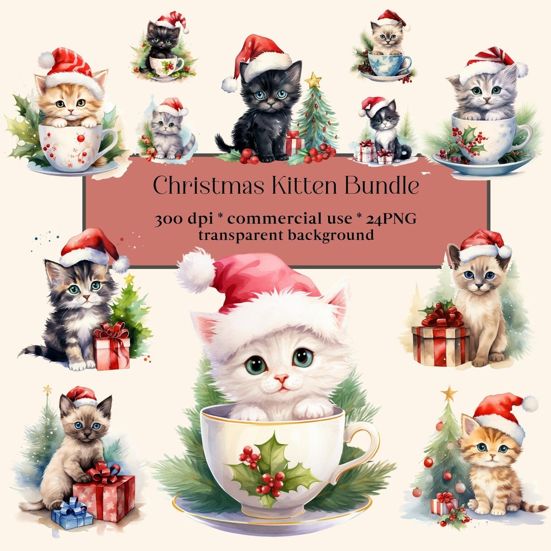 24 Christmas Kitten Clipart, Christmas Cards, Winter, Holiday, Santa ...