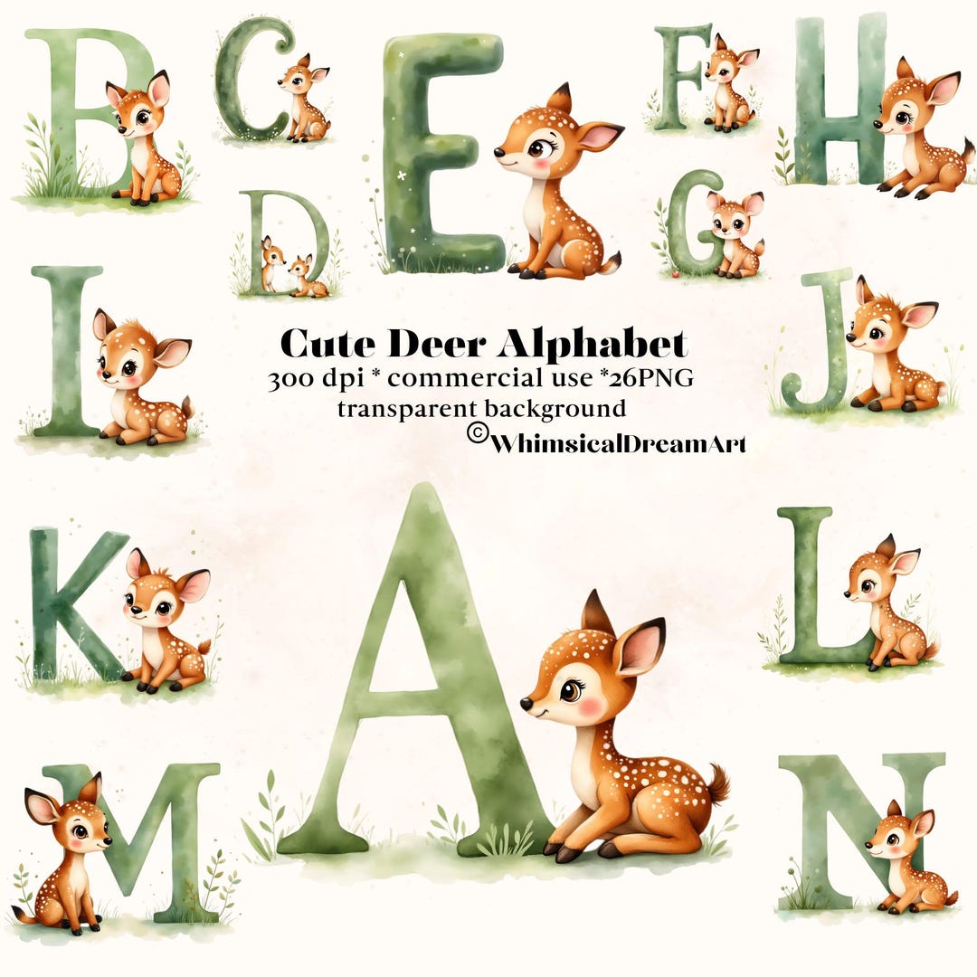 Sage Green Deer Nursery Alphabet PNG, Monogram Deer Sublimation, 26 ...