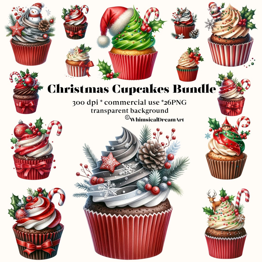 27 Christmas Cupcakes Clipart Bundle, Watercolor Festive Dessert, Junk ...