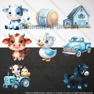 42 Watercolor Blue Farm Animal Clipart - Cute Chickens, Chicks, Horses ...