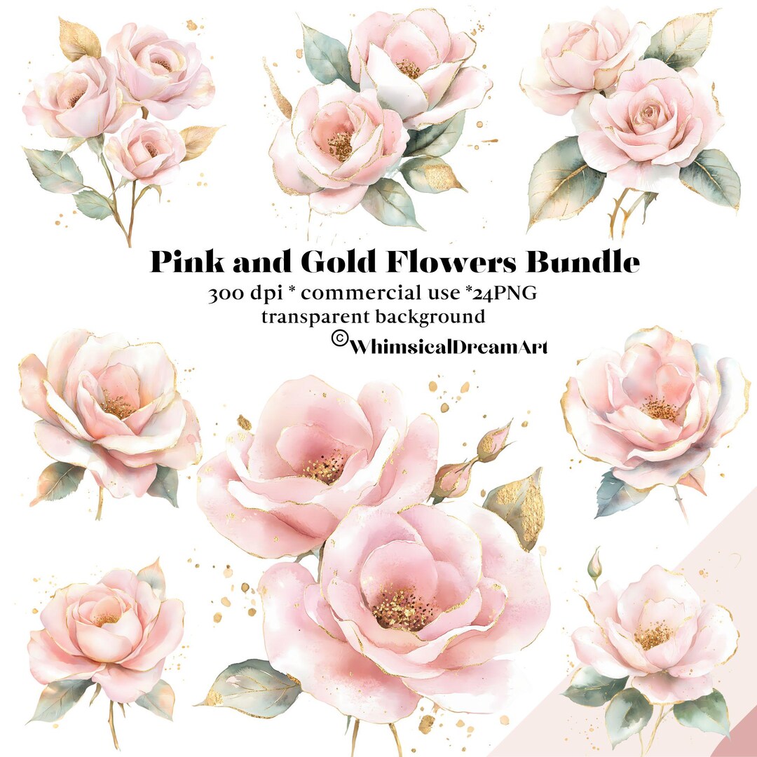 24 Watercolor Pink and Gold Flower Clipart, Abstract Blush Watercolor ...