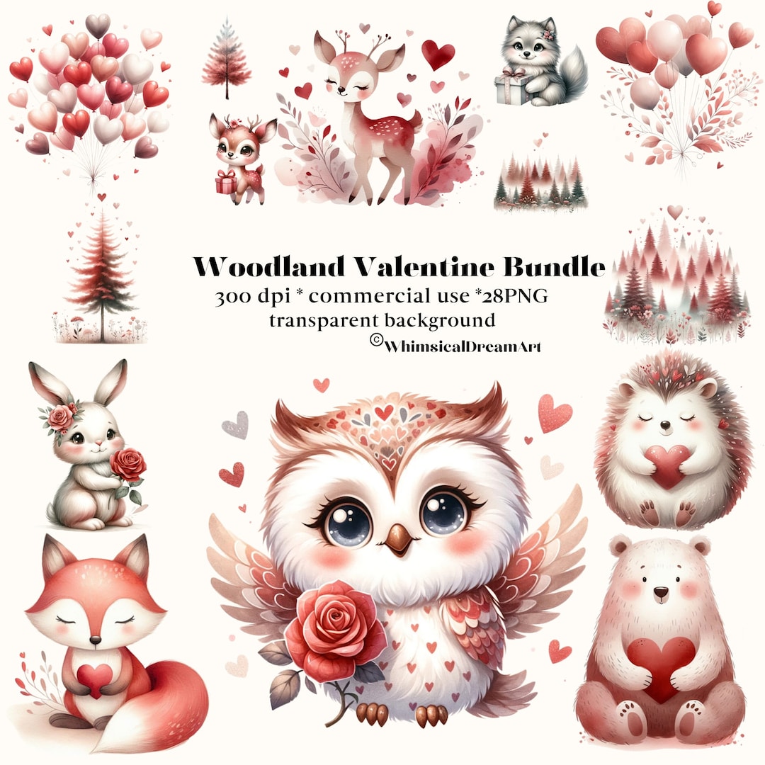 28 Valentine Woodland Animals PNG Collection, Watercolor Baby Animals ...