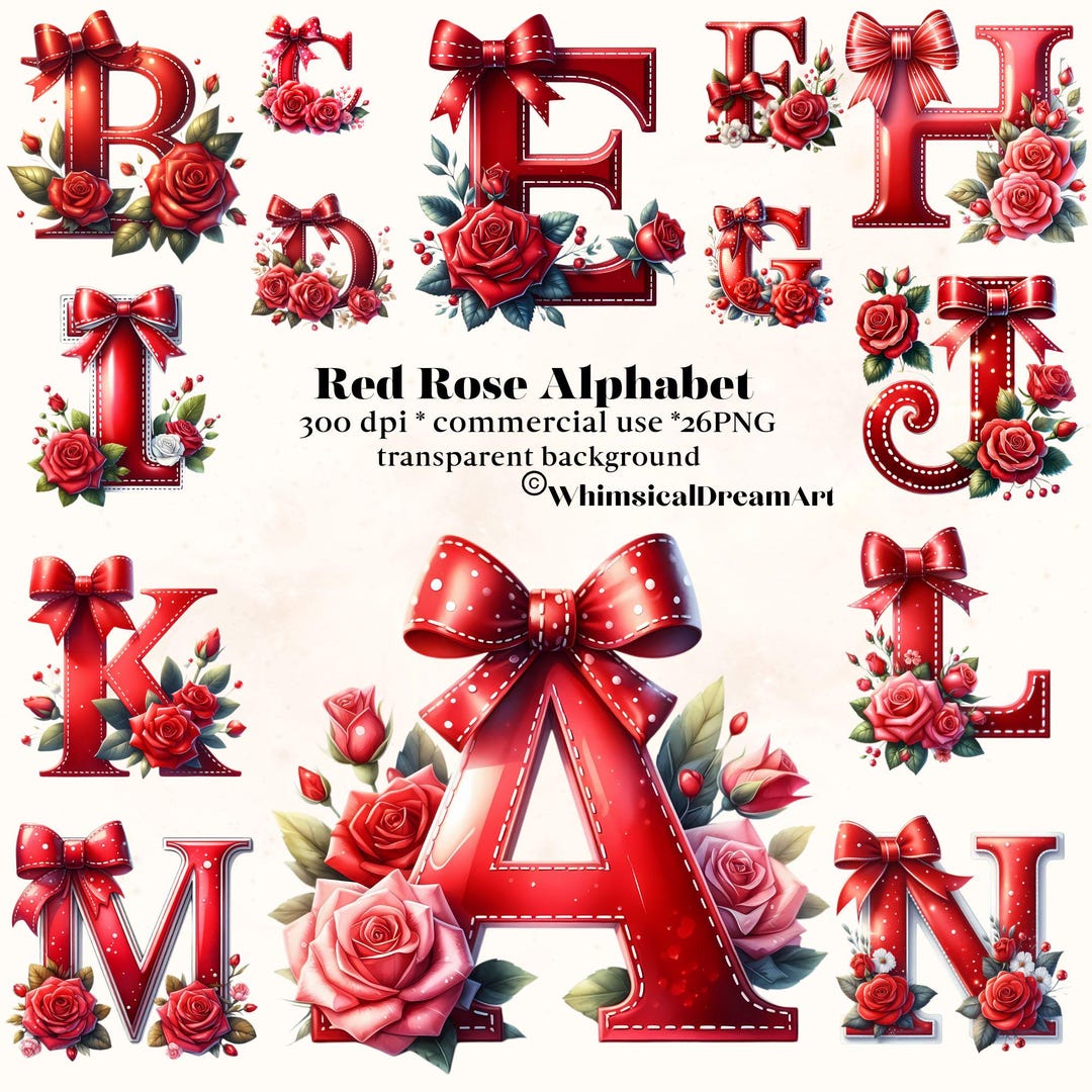 Red Rose Clipart Decorative Letters, Uppercase Alphabet Set, Watercolor ...
