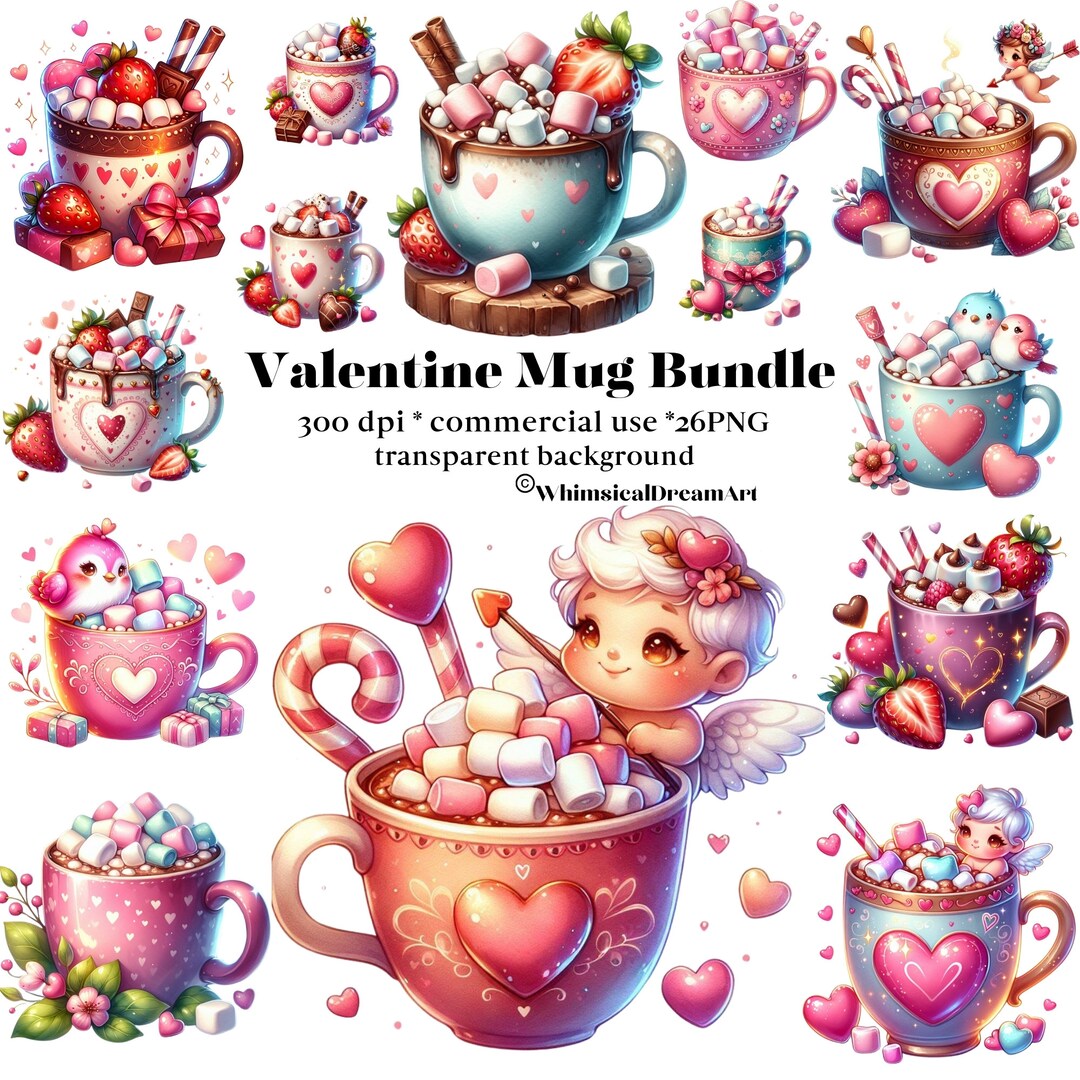 26 Valentine Mugs Clipart Bundle, Watercolor Hot Chocolate Clipart, Hot ...