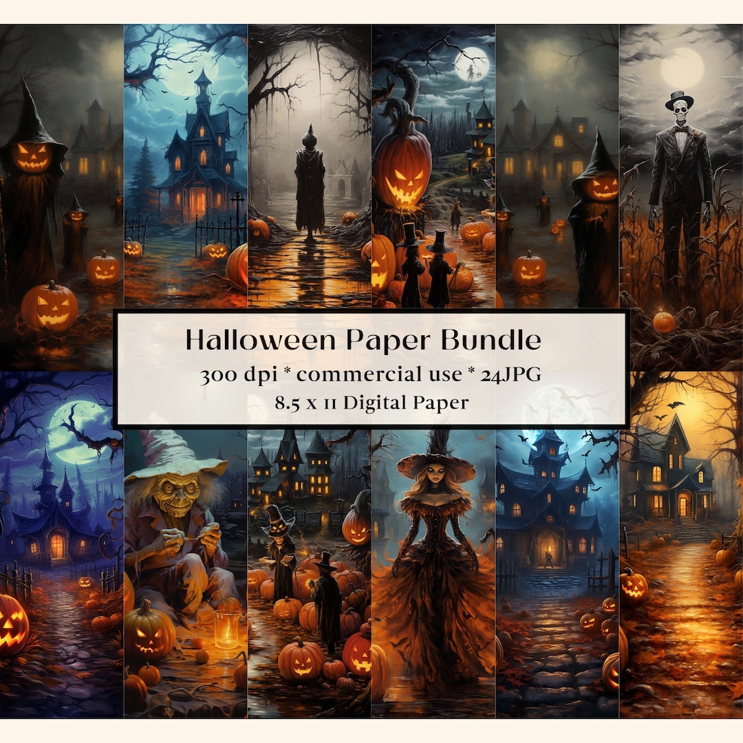 24 Printable Halloween Landscape Digital Paper, Watercolor Halloween ...