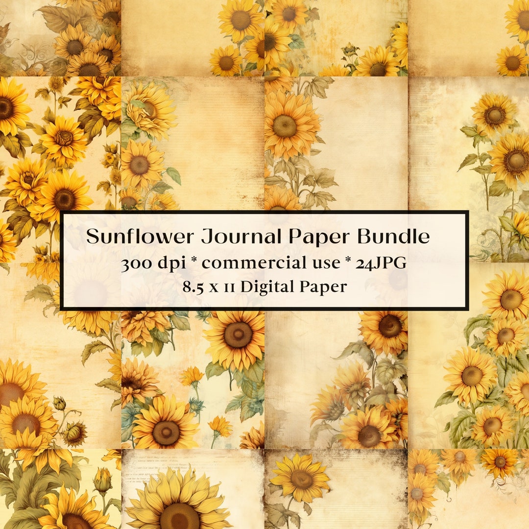 24 Sunflower Digital Paper, Printable Vintage Floral Digital Paper ...