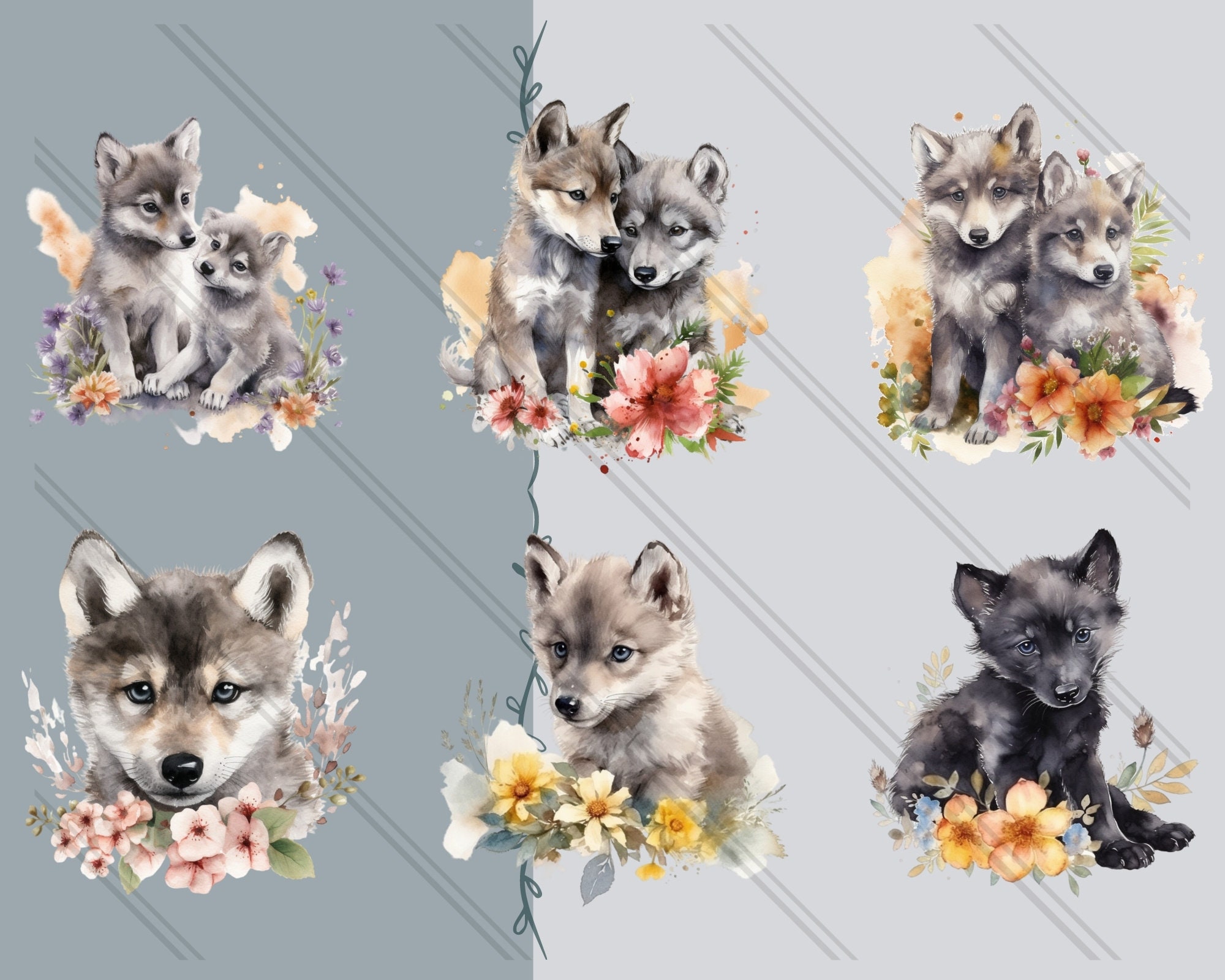 24 Wolf Pup and Flower PNG Collection Watercolor Wolves - Etsy