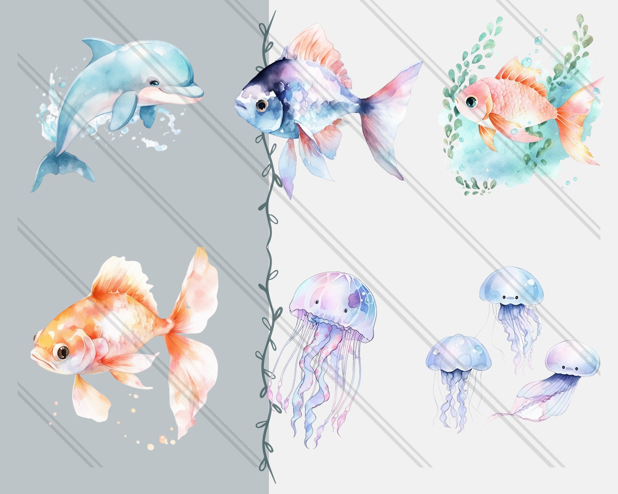 25 Ocean Clipart Watercolor Fish Under the Sea Bundle Whale - Etsy
