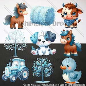 42 Watercolor Blue Farm Animal Clipart - Cute Chickens, Chicks, Horses ...