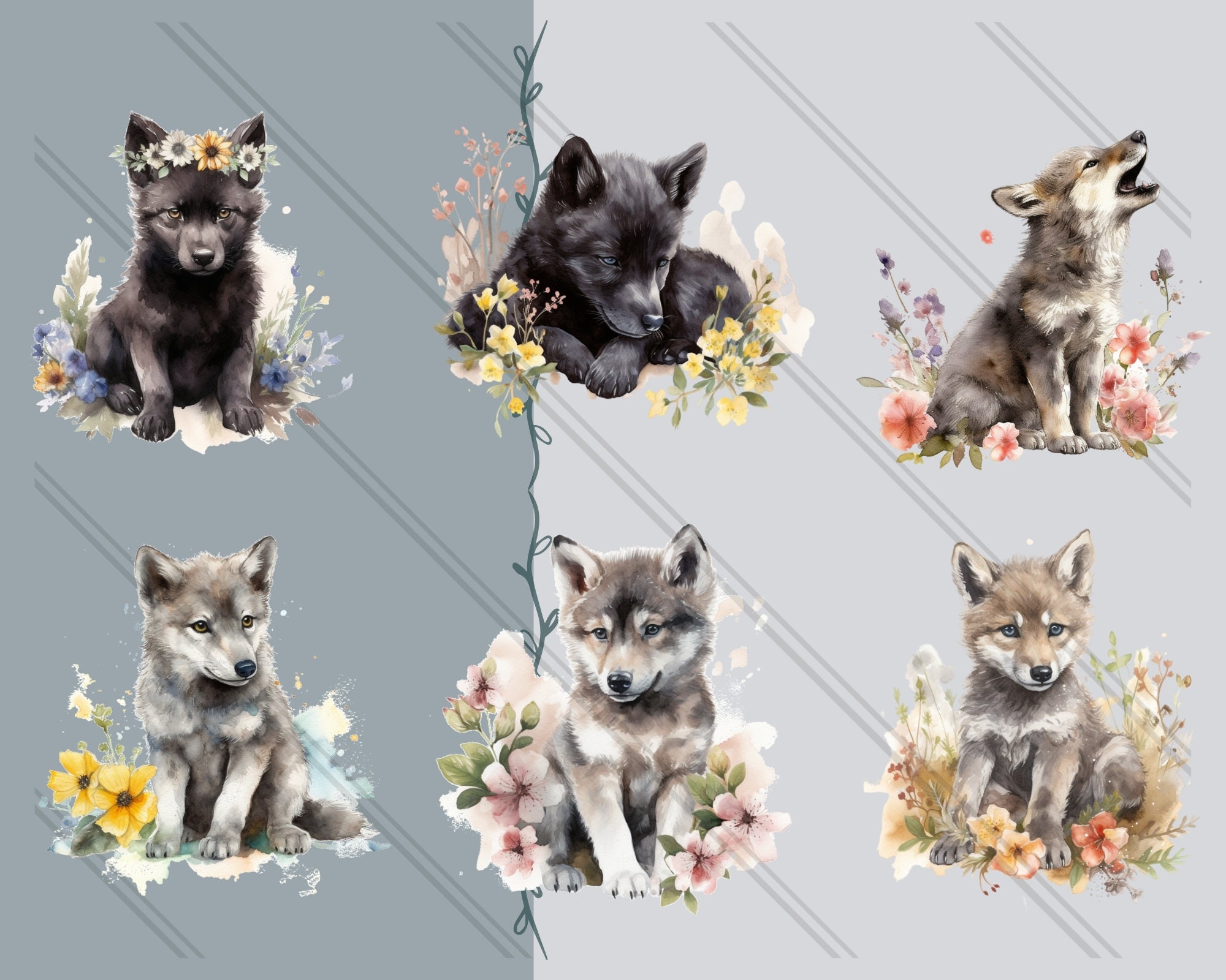 24 Wolf Pup and Flower PNG Collection , Watercolor Wolves Pack, Wolf ...