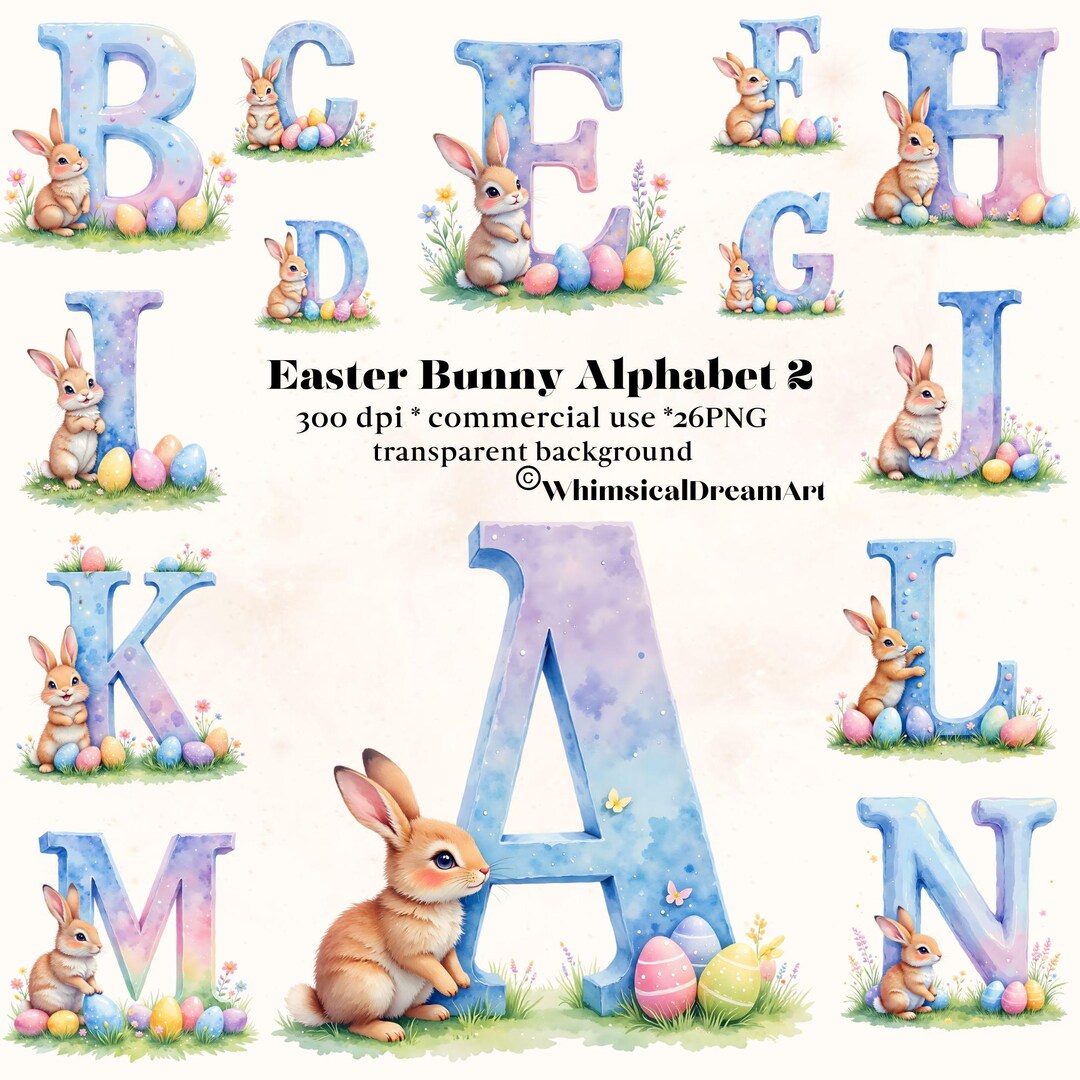 Easter Bunny Clipart Decorative Letters, Uppercase Alphabet Set ...