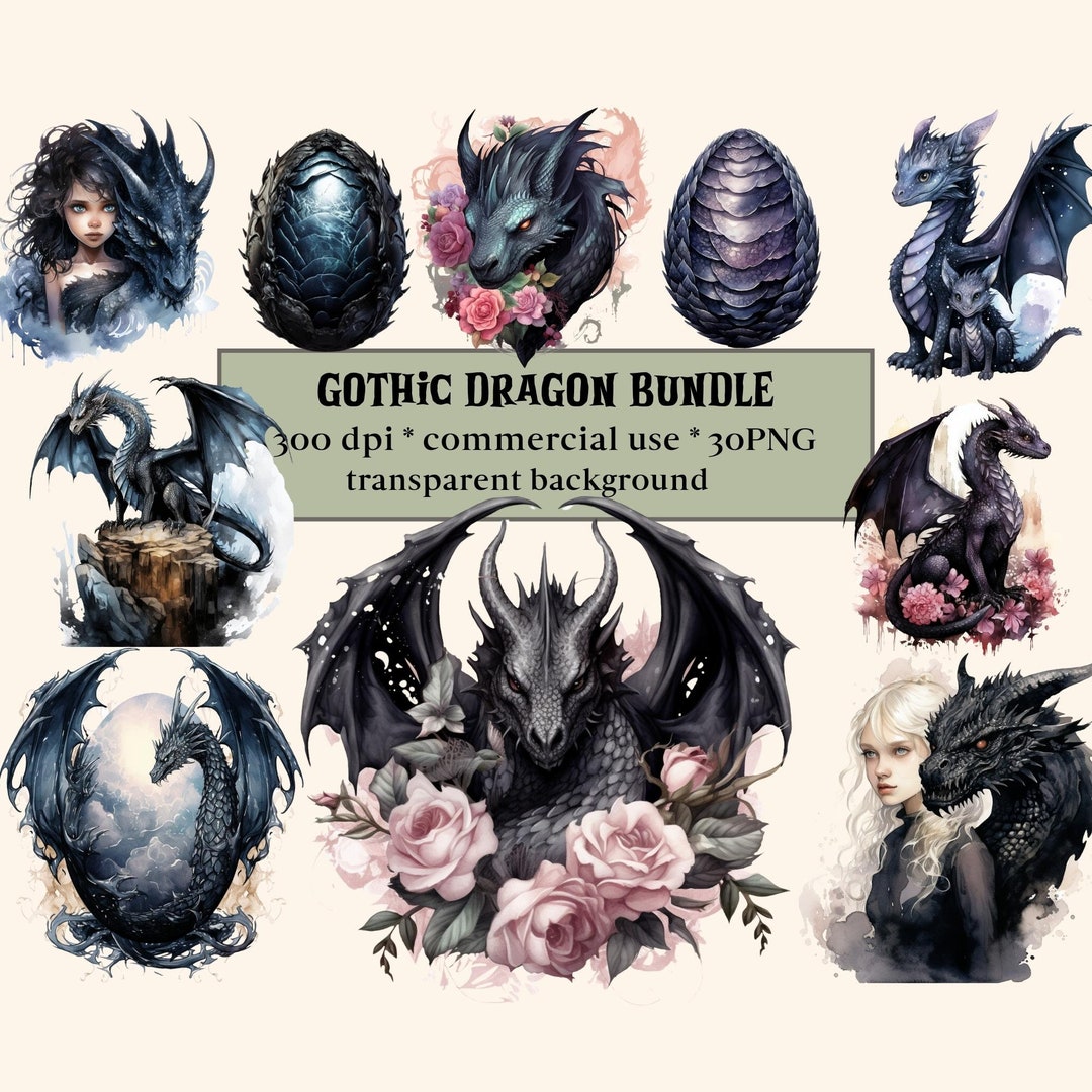 30 PNG Watercolour Gothic Dragons Clipart, Dark Fantasy Black Dragon ...