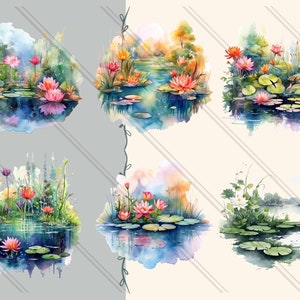 26 Watercolor Lily Pond Clipart - Springtime Cute Lily Pad and Frog ...