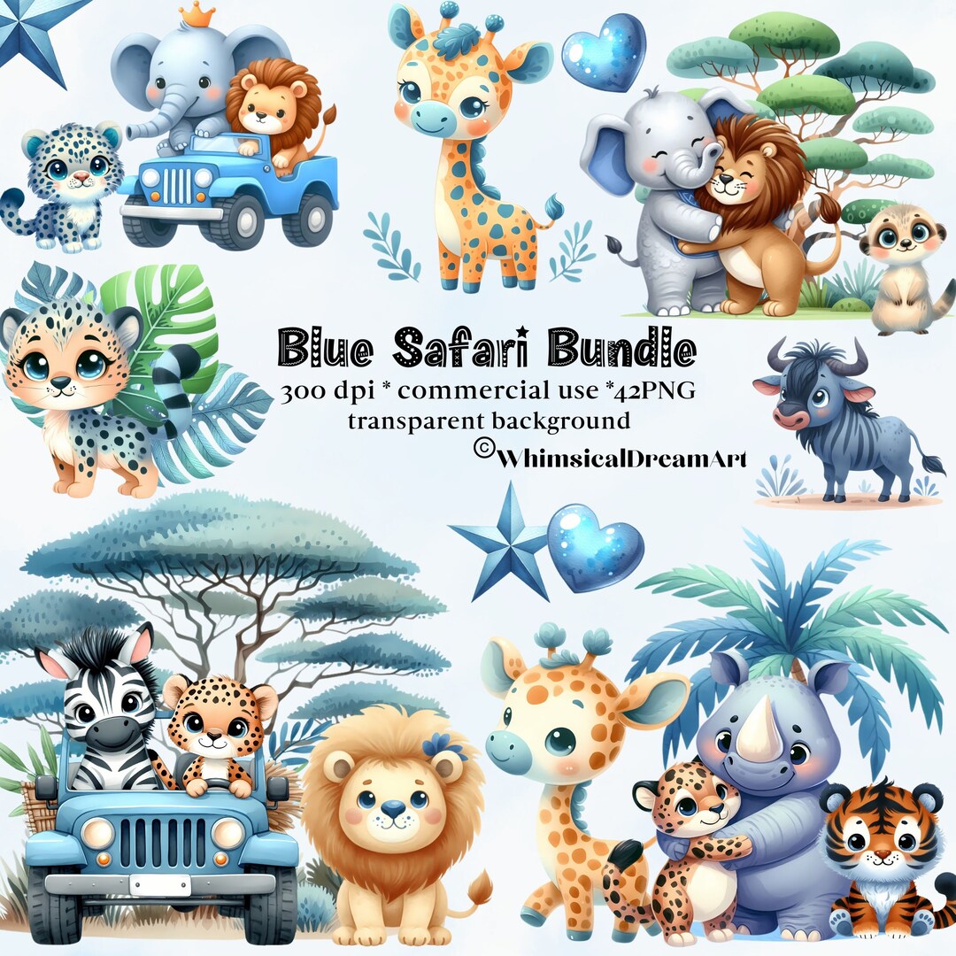 42 Watercolor Blue Safari Animal Clipart PNG Bundle, Baby Animal, Boy ...