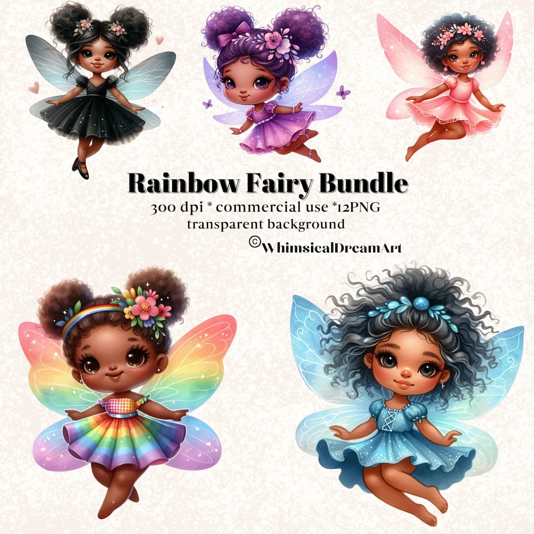12 Watercolor Rainbow Fairy Collection Clipart, African American Pixie ...