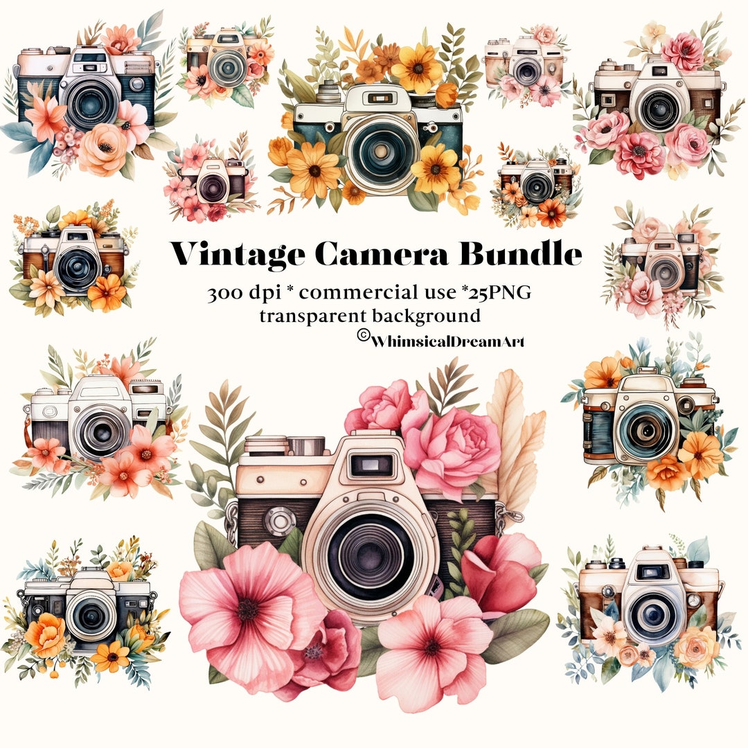 25 Watercolor Vintage Cameras Clipart, Boho Vintage Clipart, Floral ...