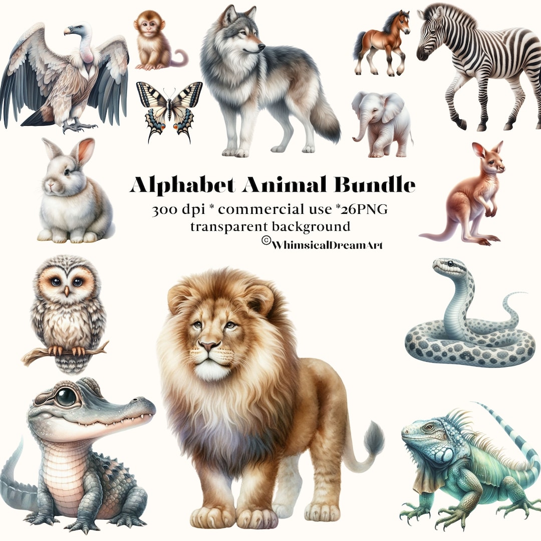 26 Watercolor Alphabet Themed Animals Clipart, Cute Jungle Animals ...