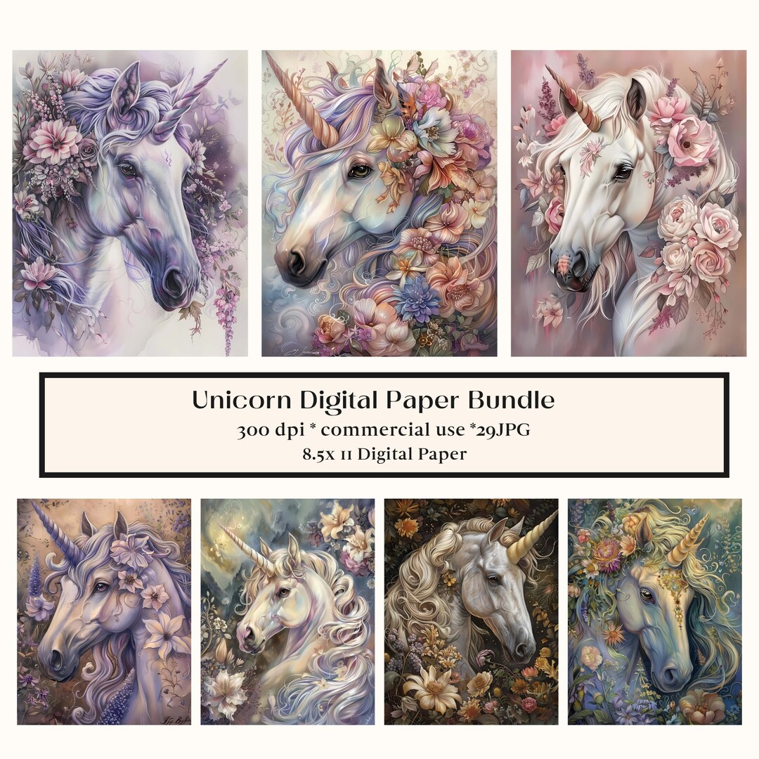 29 Fantasy Unicorn Digital Paper, Fairy Background, Enchanted Flower ...