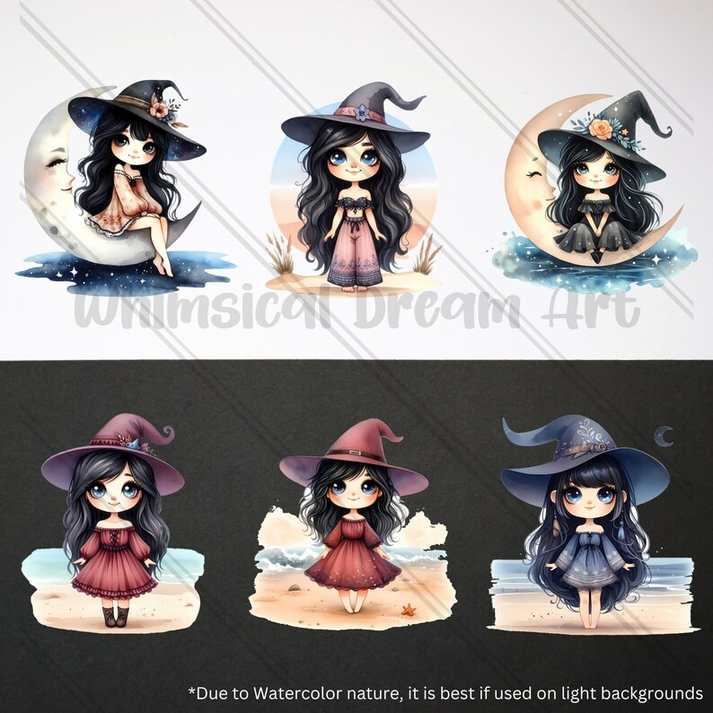 12 Watercolor Cute Beach Boho Witch Clipart, Halloween Clipart Bundle ...