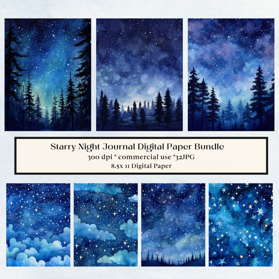 32 Starry Night Landscape Digital Paper, Blue Watercolour Texture ...