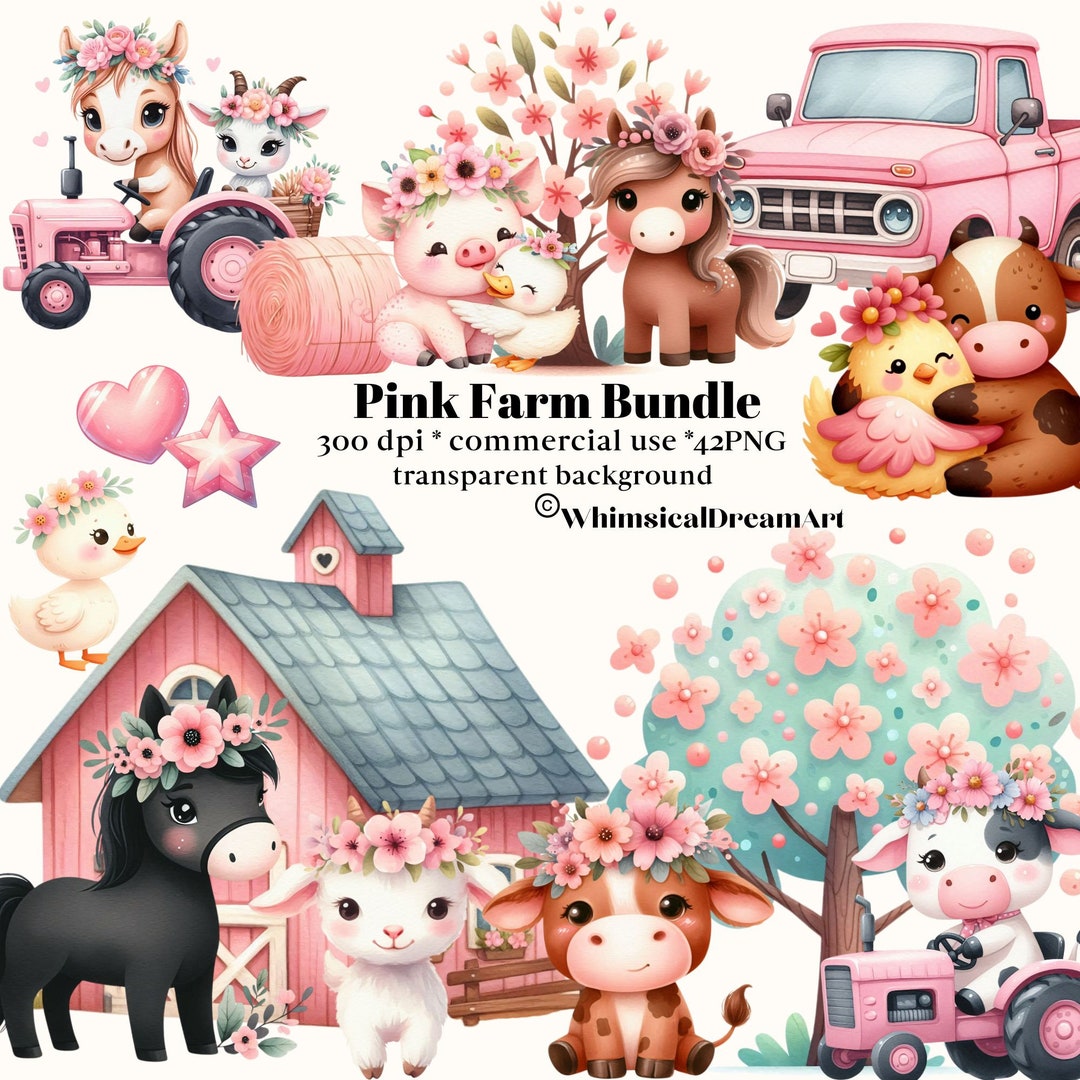 42 Watercolor Pink Farm Animal Clipart - Cute Chickens, Chicks, Horses ...