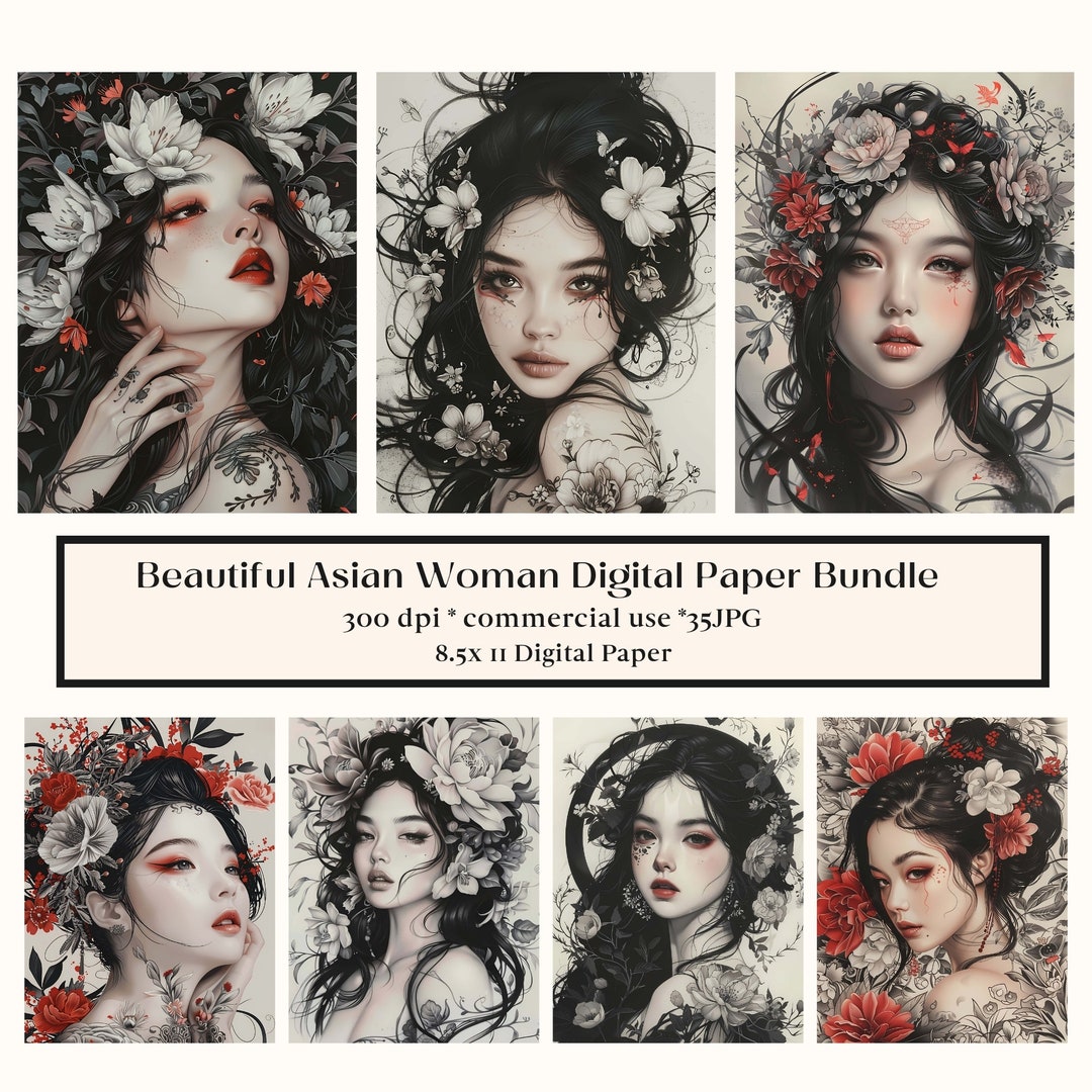 35 Beautiful Asian Woman Digital Paper, Vintage Oriental, JPG Instant ...