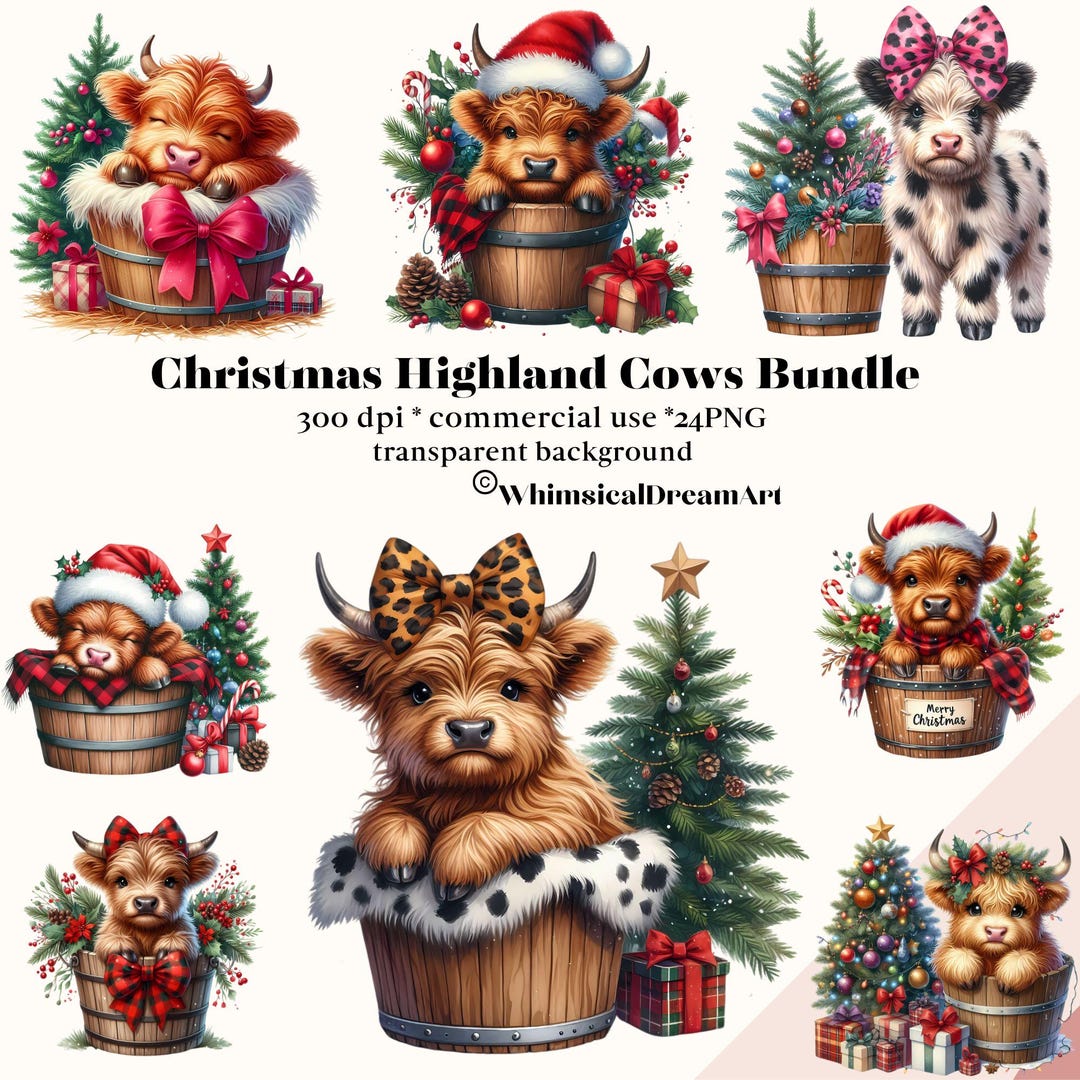 24 Christmas Highland Cow Clipart Bundle, Highland Cows in Bucket ...